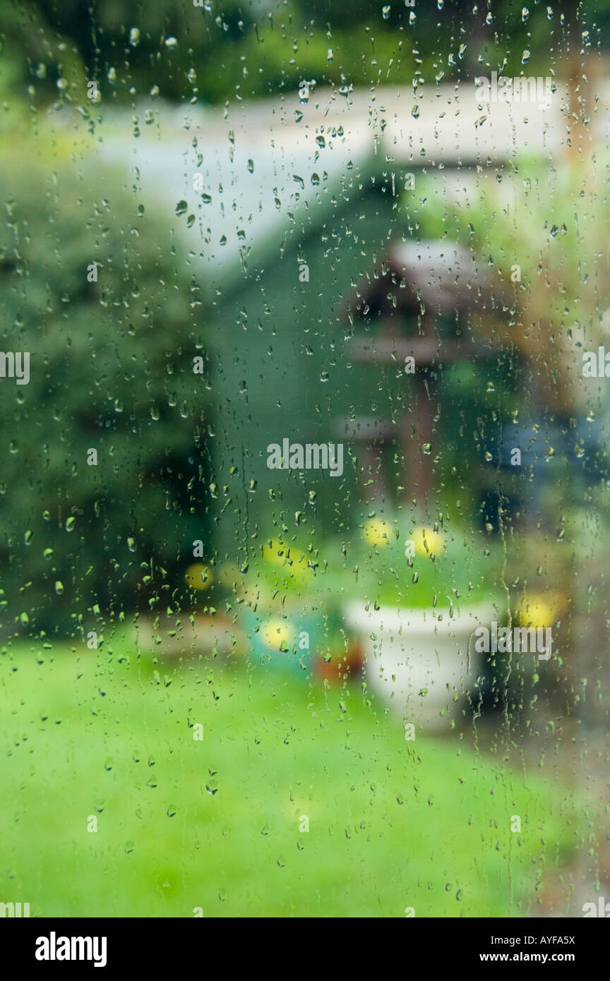 Garden seen through a window on a rainy day Stock Photo - Alamy