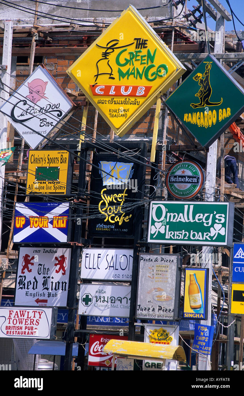 A mass of signs advertising bars and clubs in downtown Chaweng Ko Samui ...