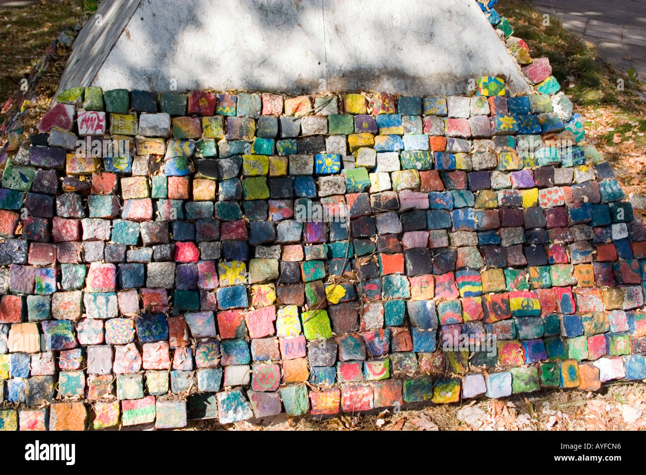 Detail of mosaic pyramid like sculpture on school campus. Academy of ...