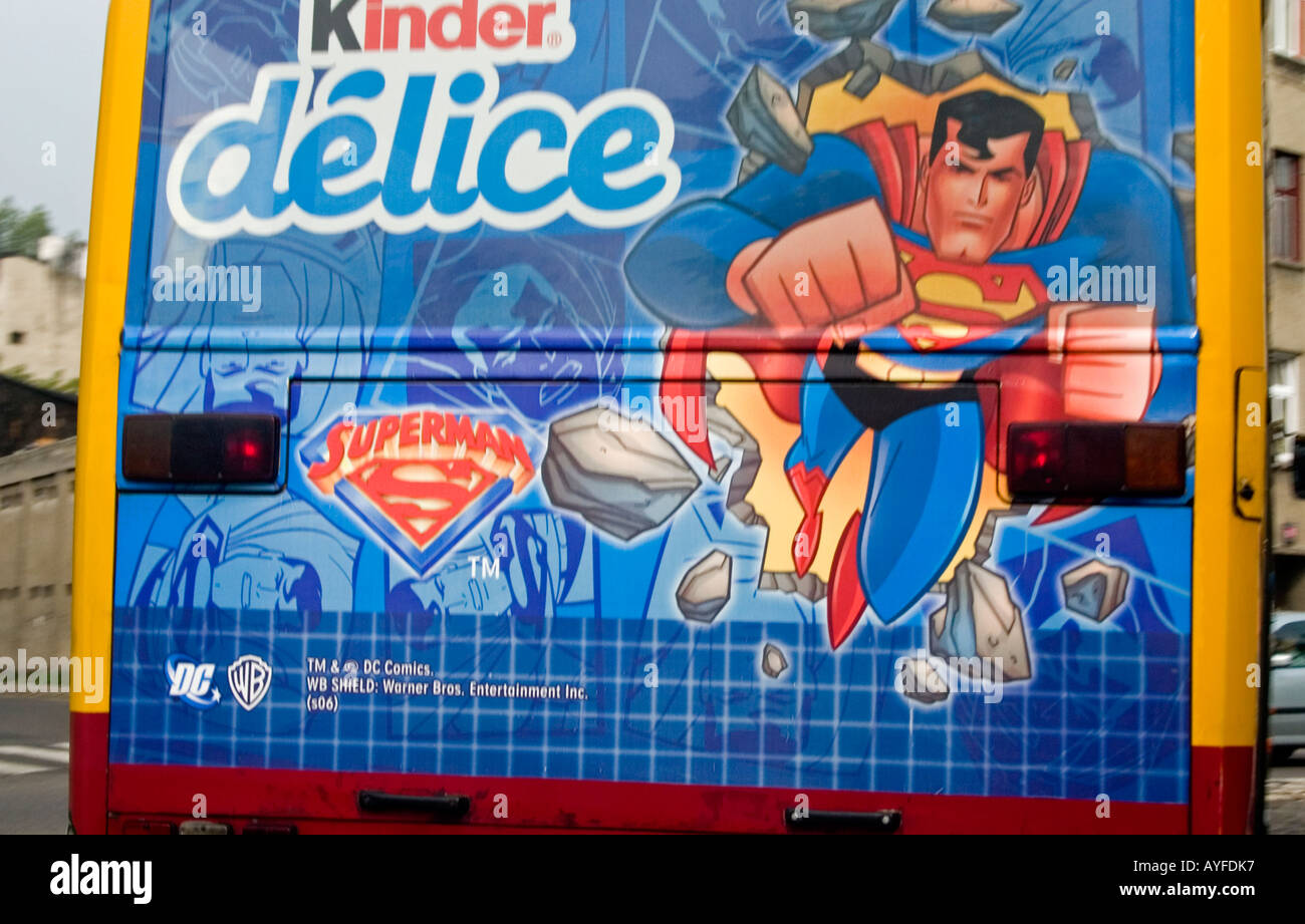 Billboard with Superman advertising a candy bar for children . Lodz ...