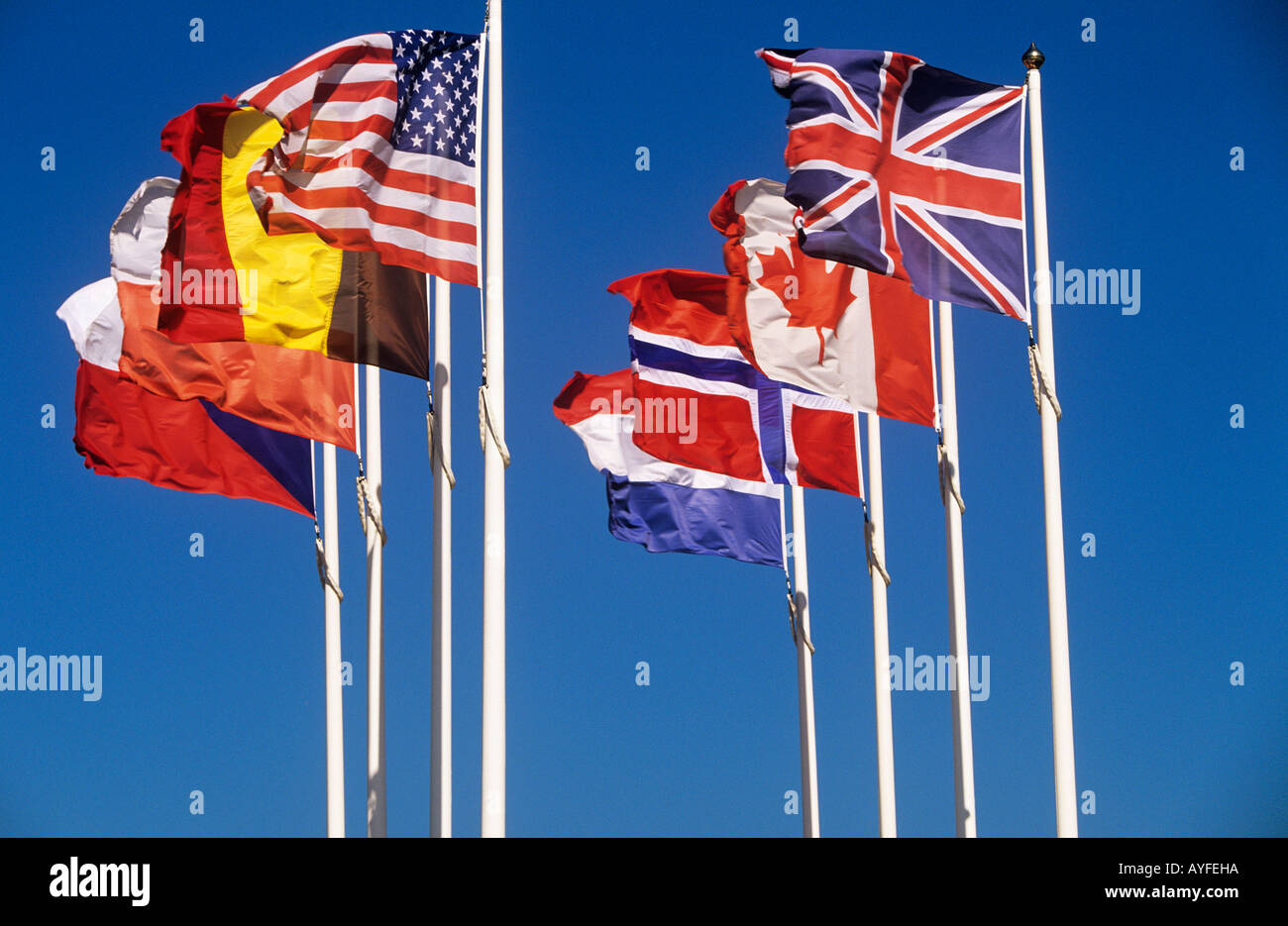 European Flags flying at the entrance to souvenir shop at the tourist ...