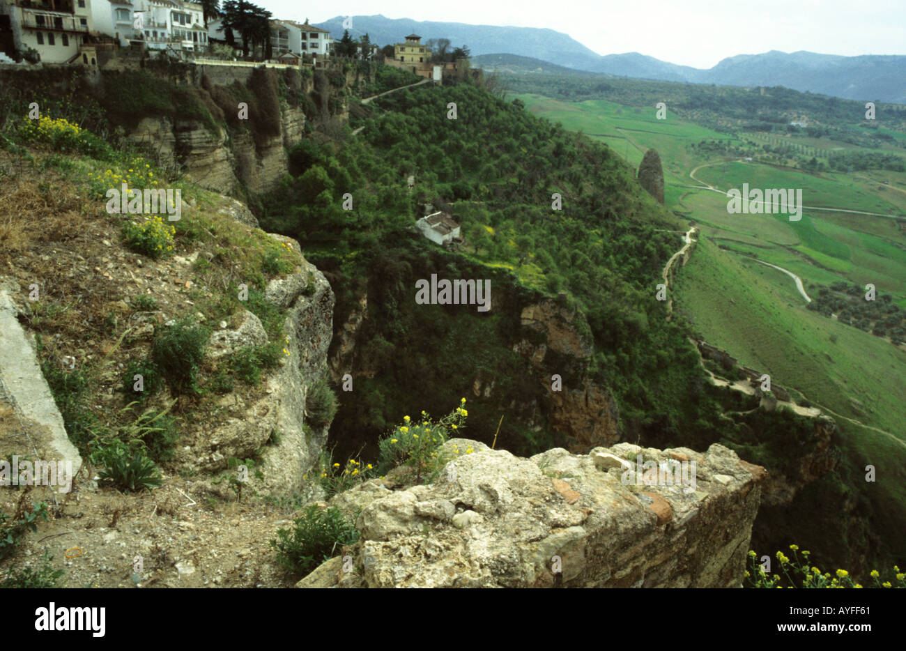 View from the Puente Nuevo New Bridge overlooking the gorge at Ronda ...