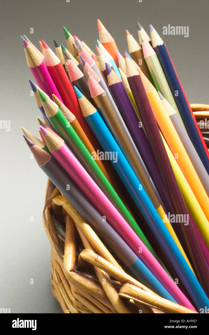 Colour Pencils in Basket Stock Photo - Alamy