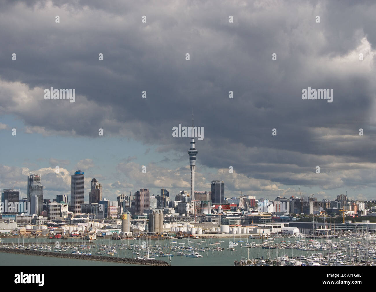 Skyline of downtown Auckland North Island New Zealand High rise and ...