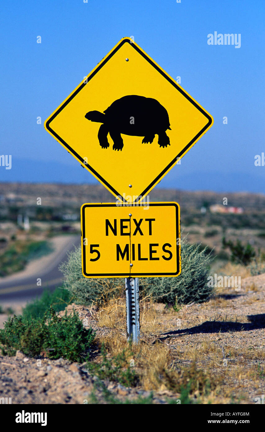 Tortoise crossing sign in the California desert near Barstow Stock ...