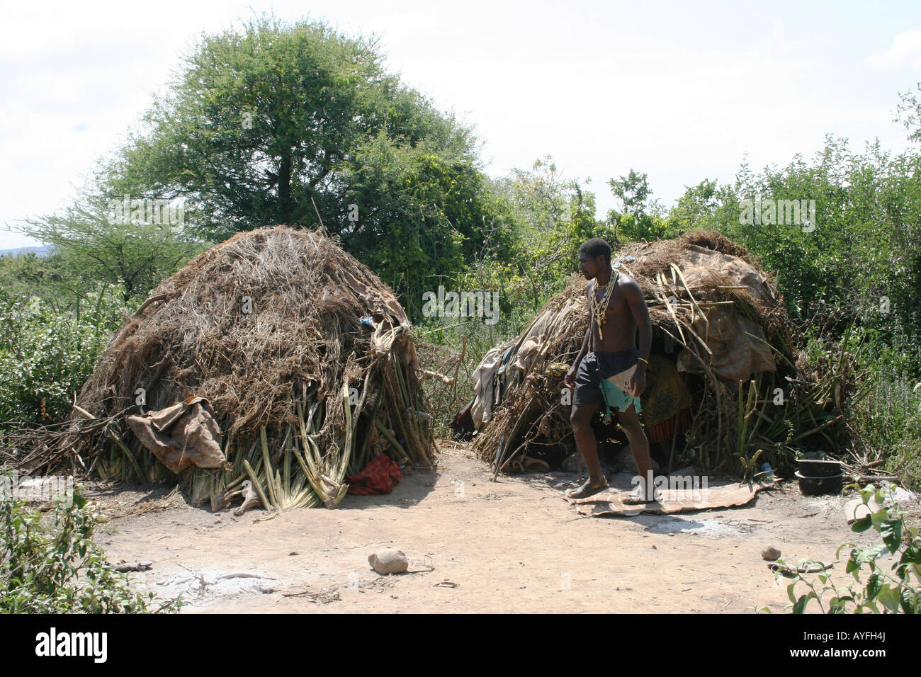 Africa Tanzania Lake Eyasi Young Hadza male near his straw hut A small ...