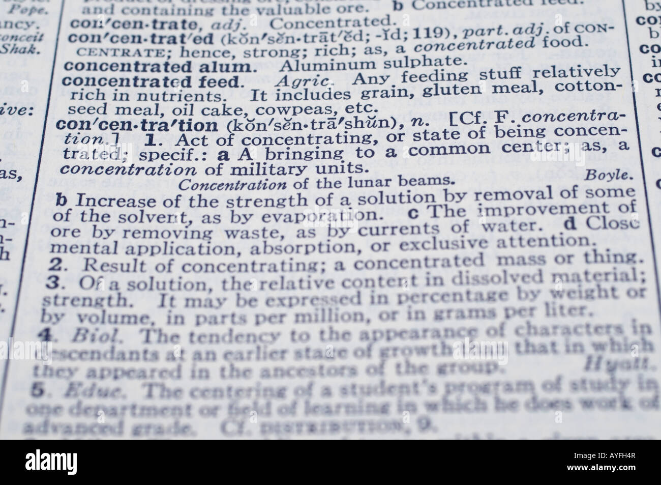 A close up selective focus on the definition of Concentration Stock ...