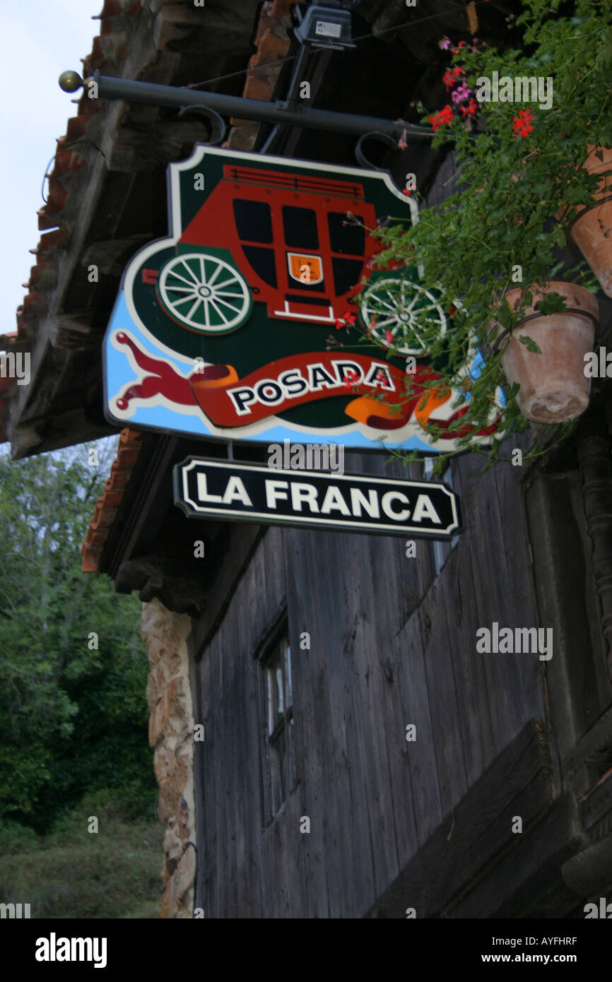 Inn sign at Barcena Mayor village in the Cordillera Cantabrica, Spain ...