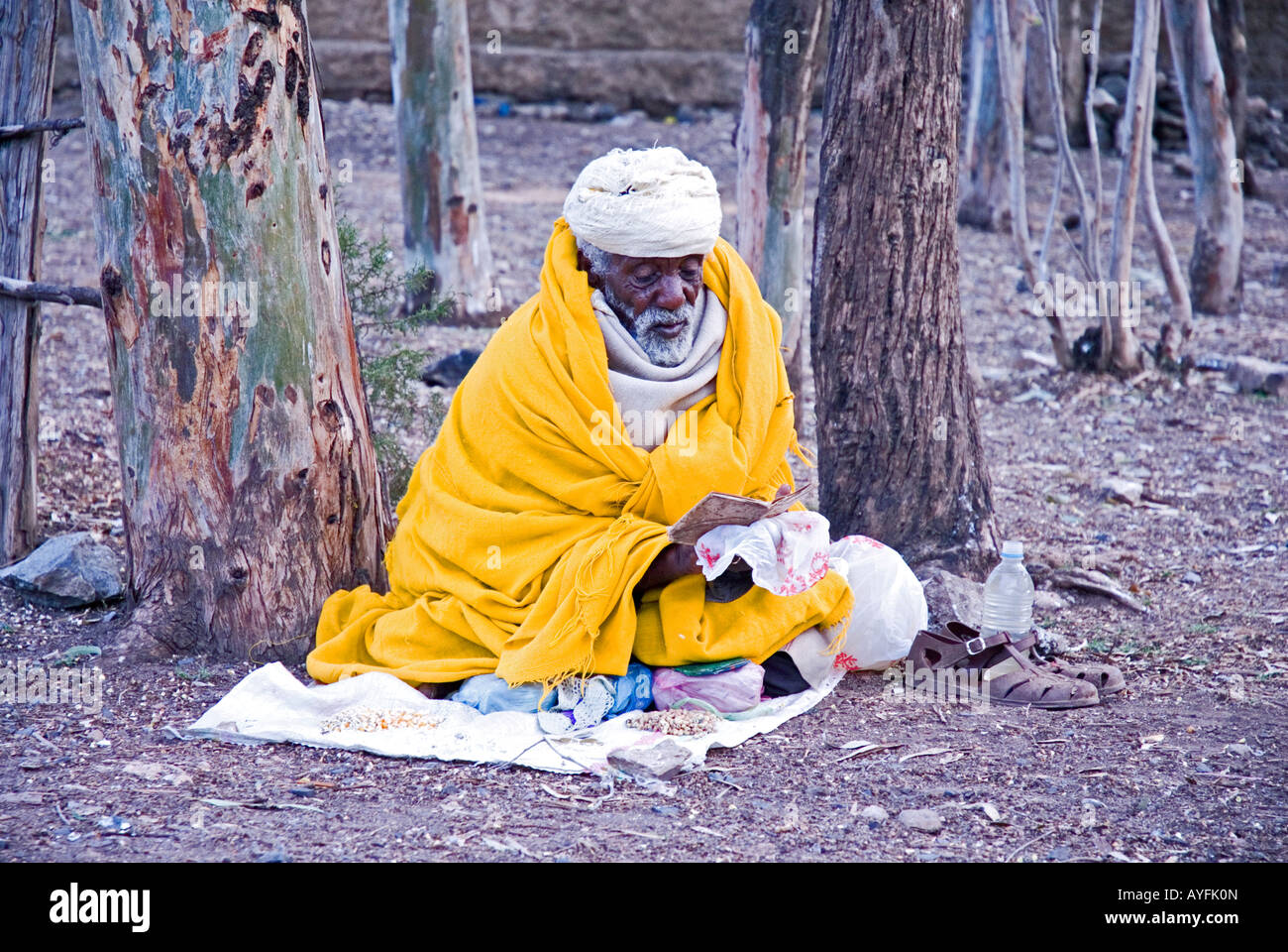Cross-legged Priest among trees outside St. Mary of Zion Church, Axum ...