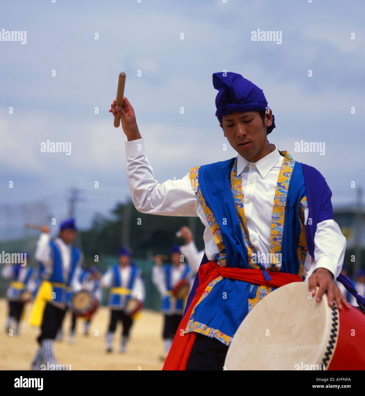Japanese high school boy performa traditional eisa drumming at school ...