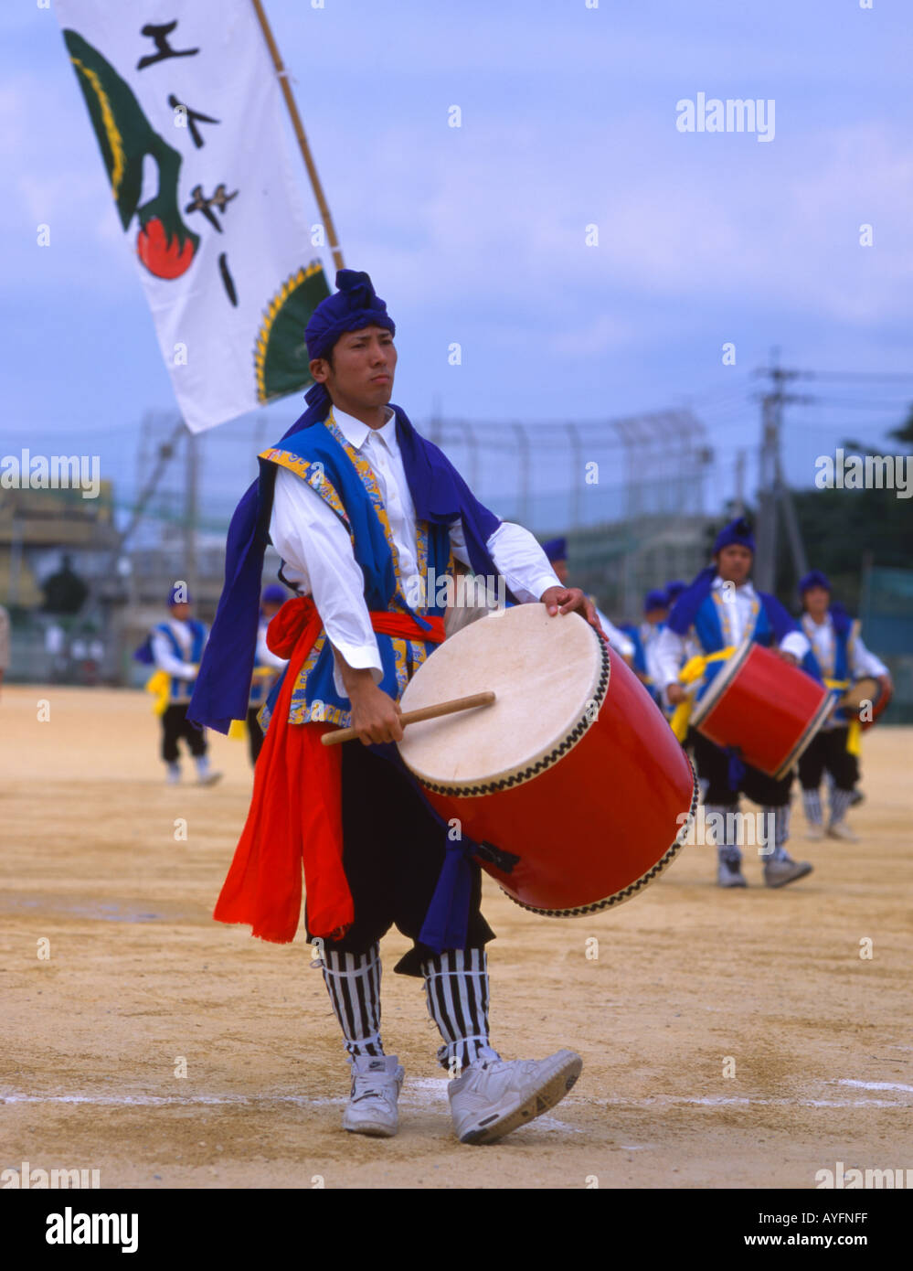 Japanese high school boy performa traditional eisa drumming at school ...
