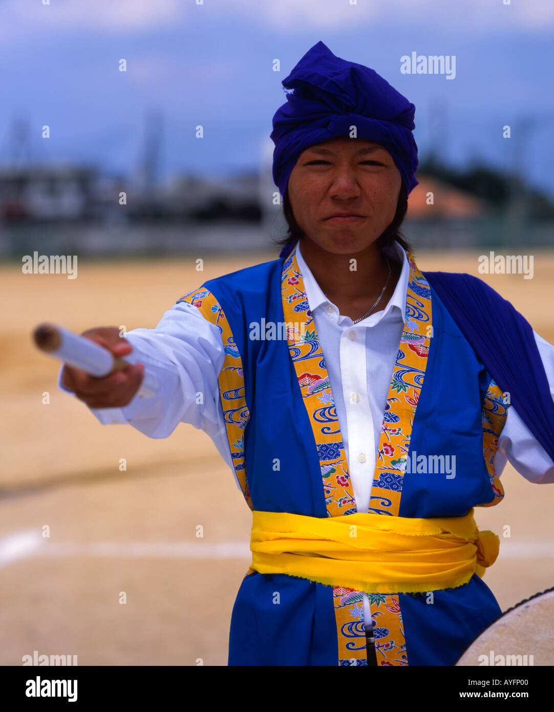 Japanese high school boy performa traditional eisa drumming at school ...