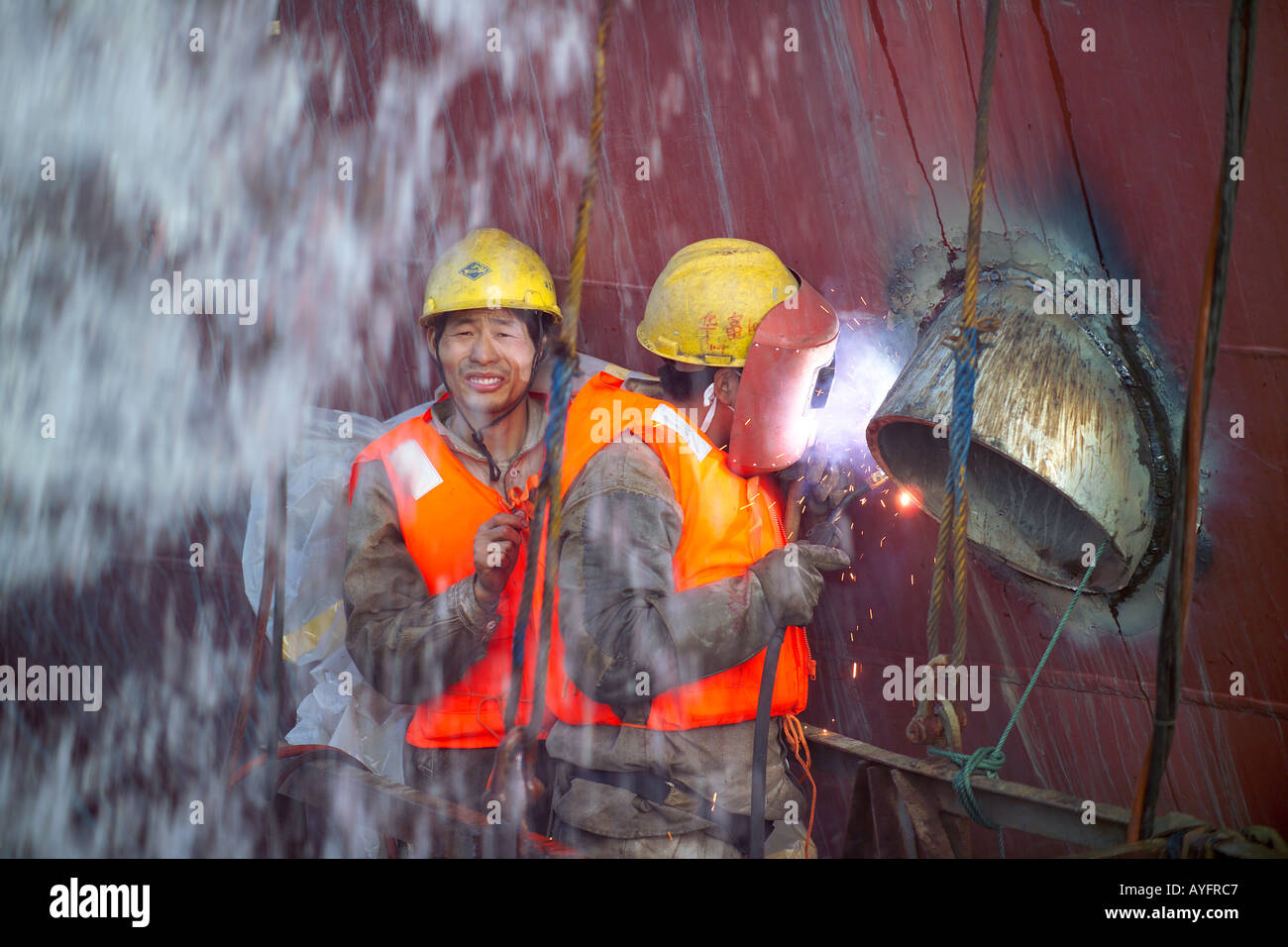 Welders in ship's hull, Shipbuilding, Chengxi shipyard, China Stock ...