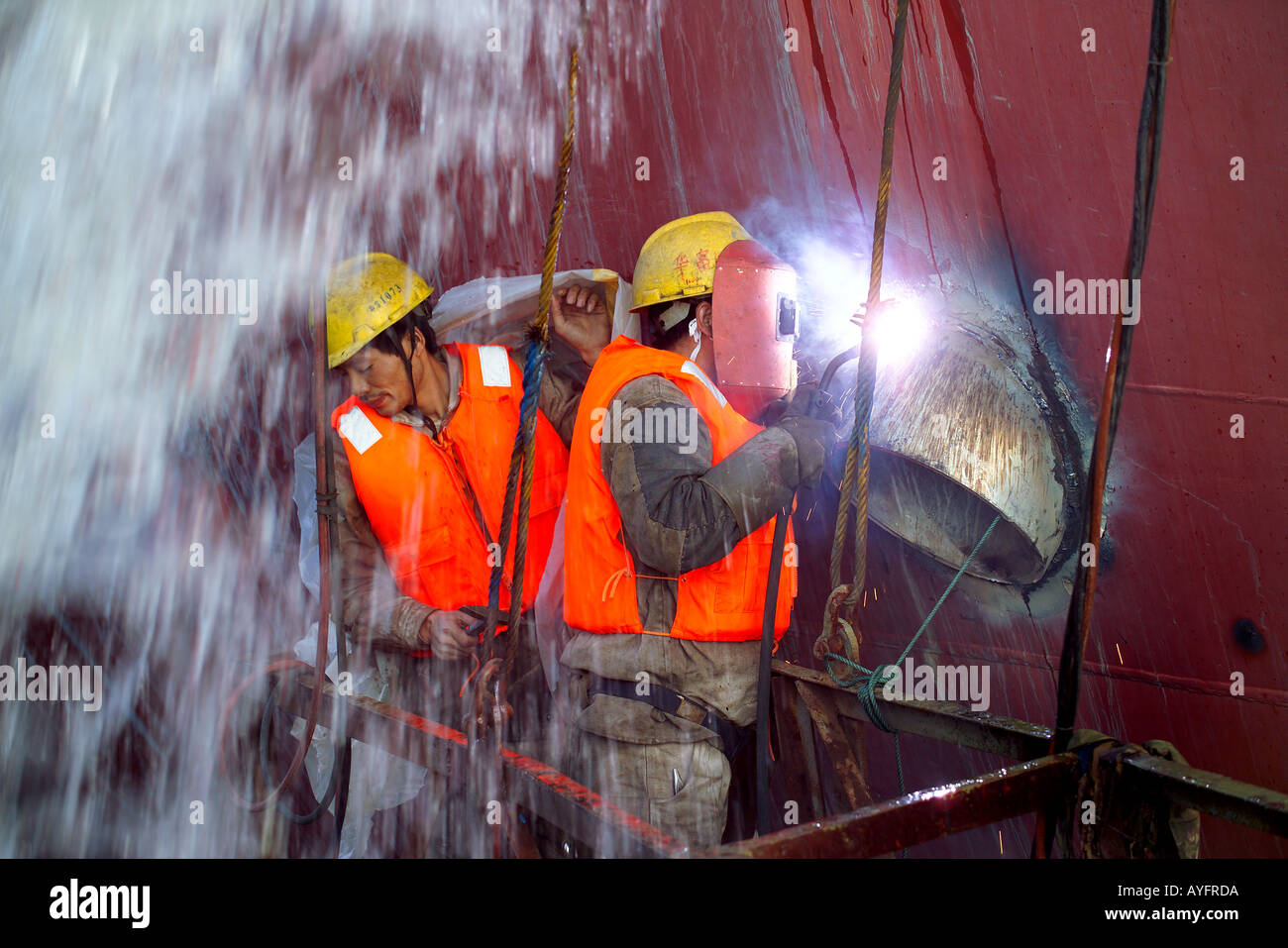 Welders in ship's hull, Shipbuilding, Chengxi shipyard, China Stock ...