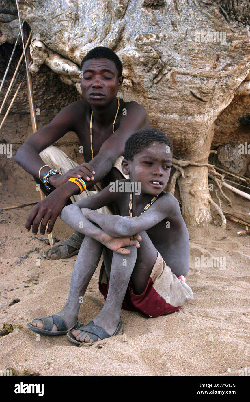 Africa Tanzania Lake Eyasi Two young Hadza children Small tribe of ...