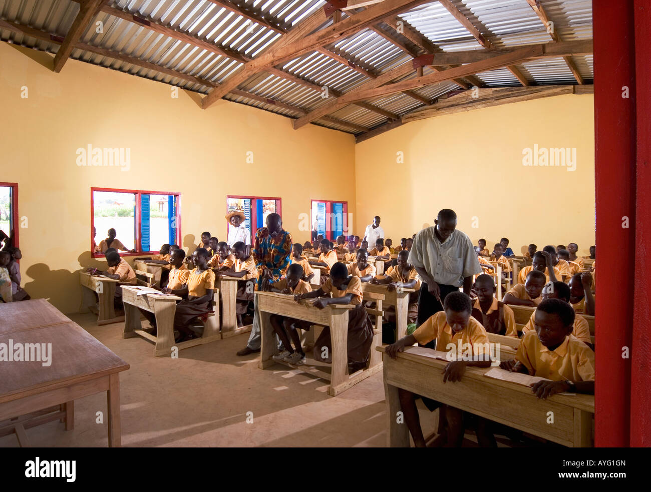School classroom interior of newly built school with students, teachers ...