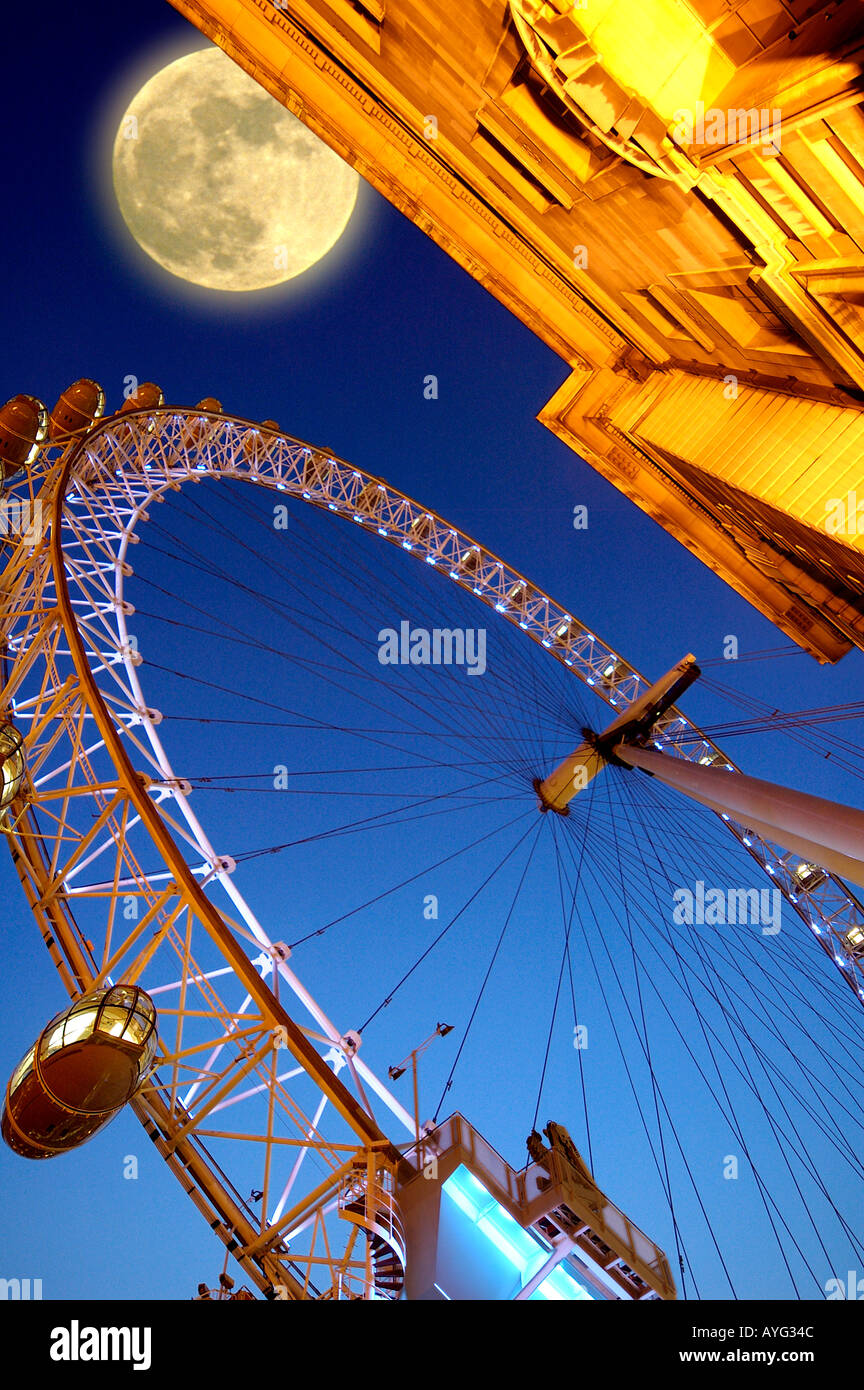 london eye night time full moon abstract angle london england uk Stock ...