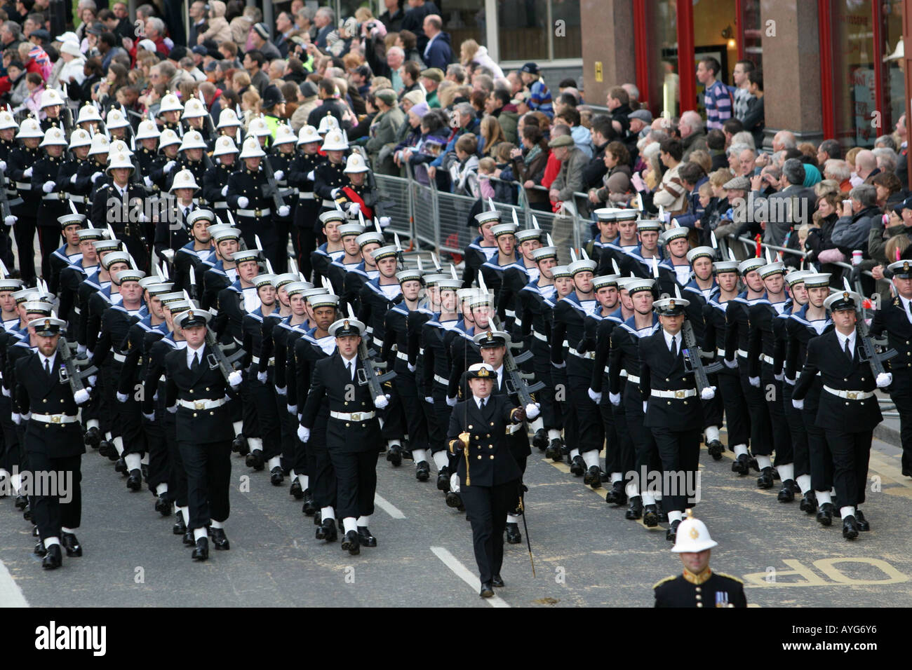 Marching column of soldiers during the Lord Mayors Show parade ...
