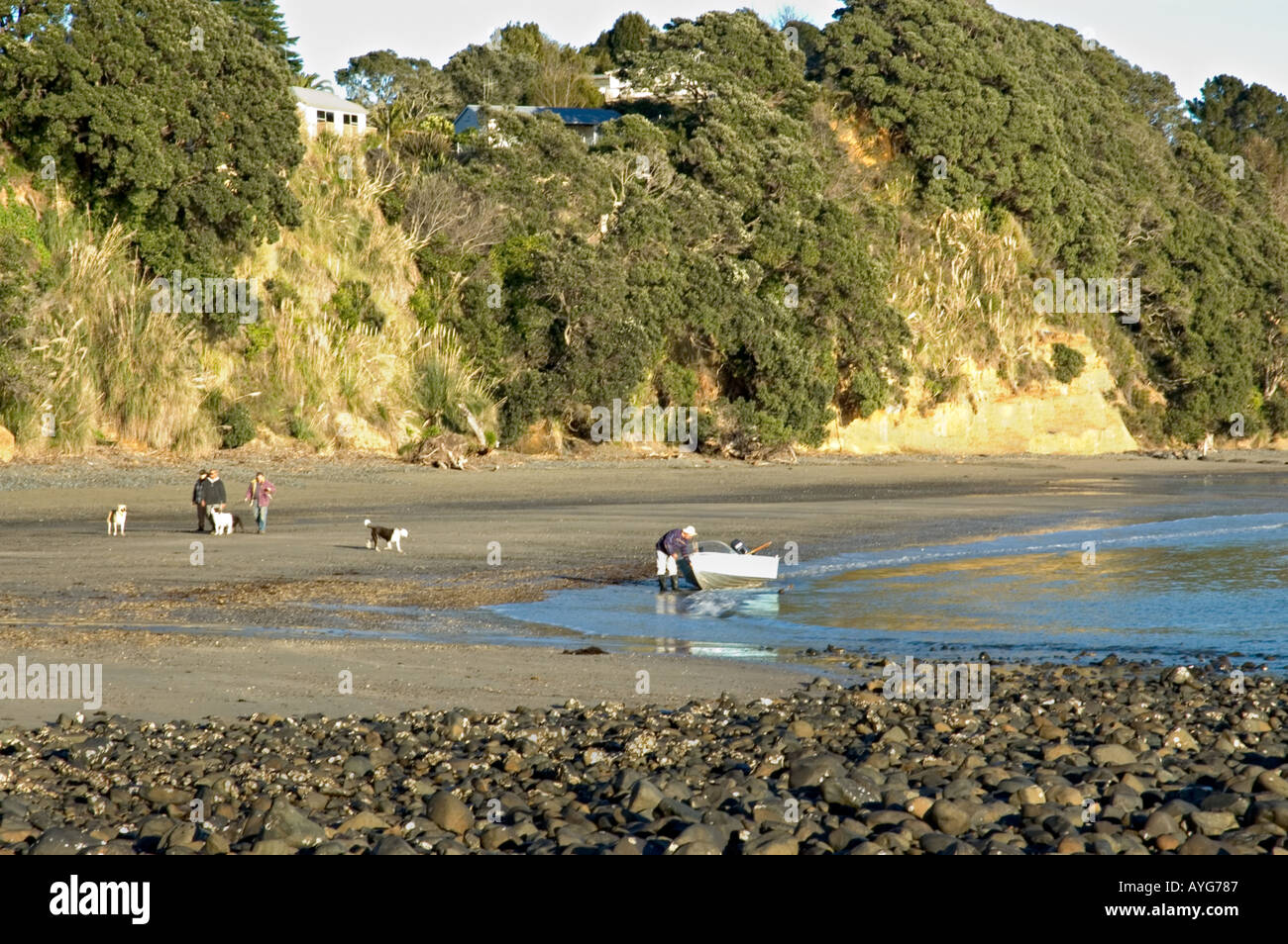 fisherman launching boat Orere Beach Stock Photo - Alamy