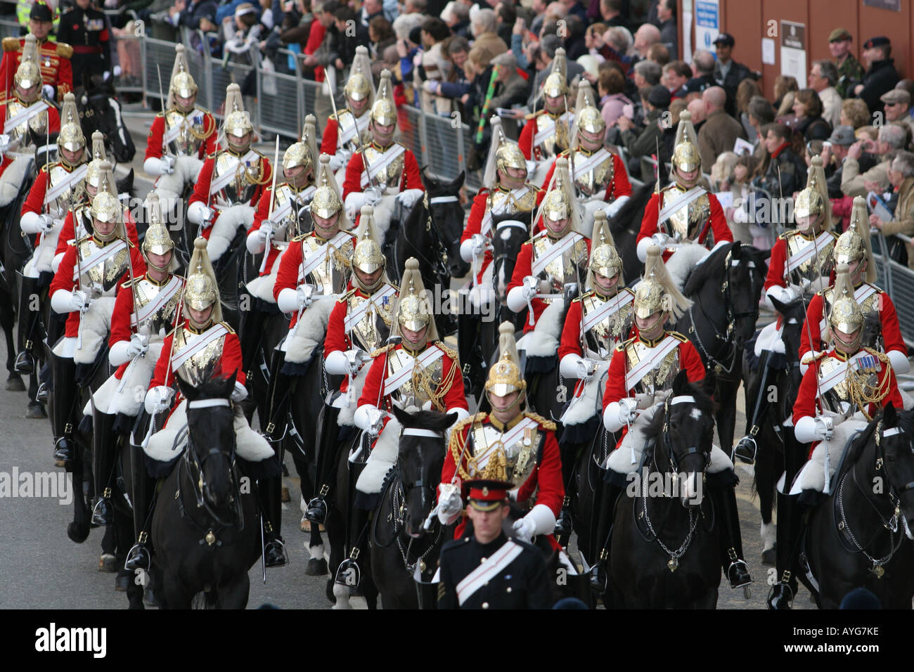 Marching column of soldiers on horseback in the Lord Mayors Show parade ...