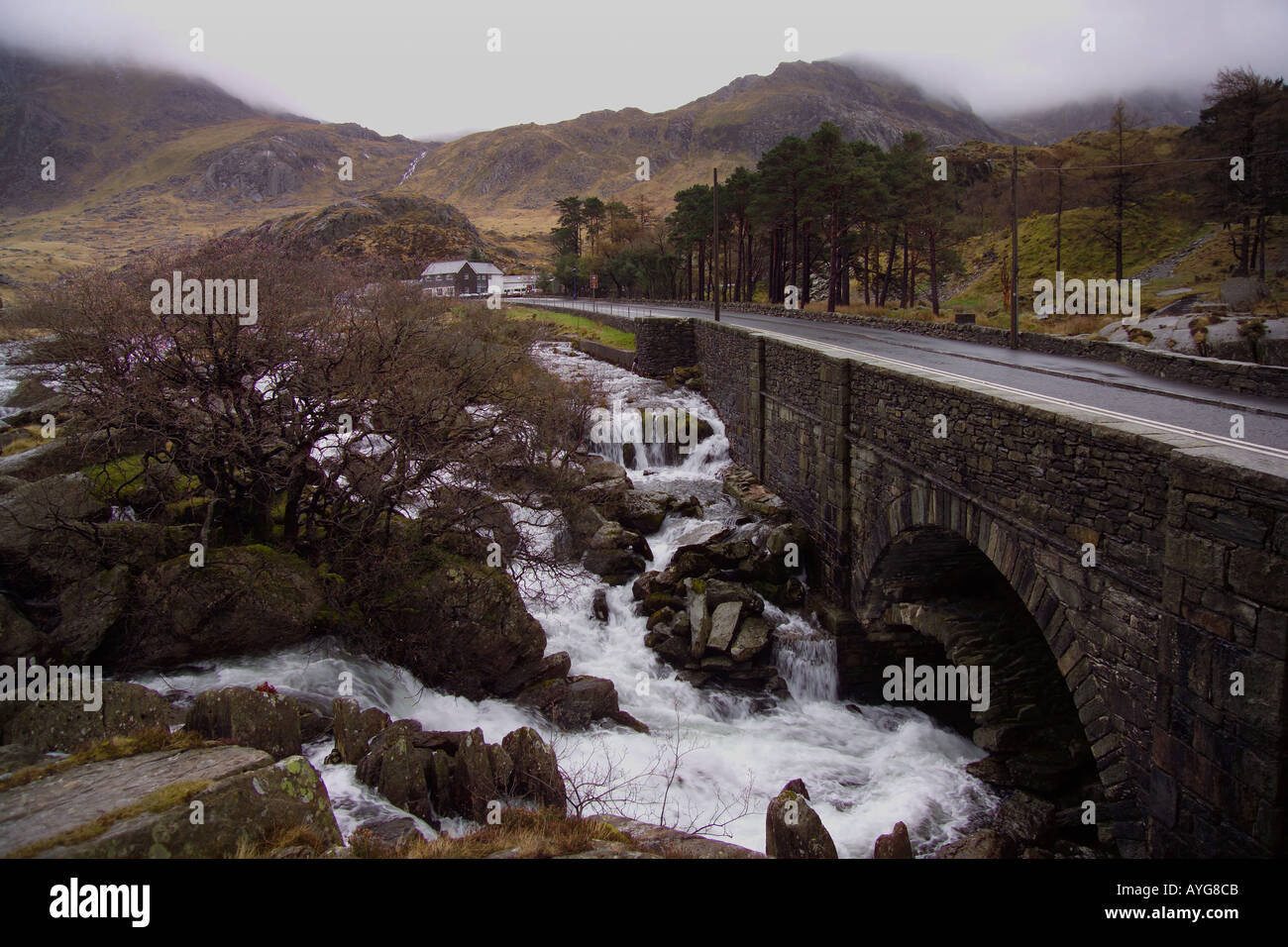 Bridge Over Swollen River Pont Pen y Benglog Snowdonia National Park ...