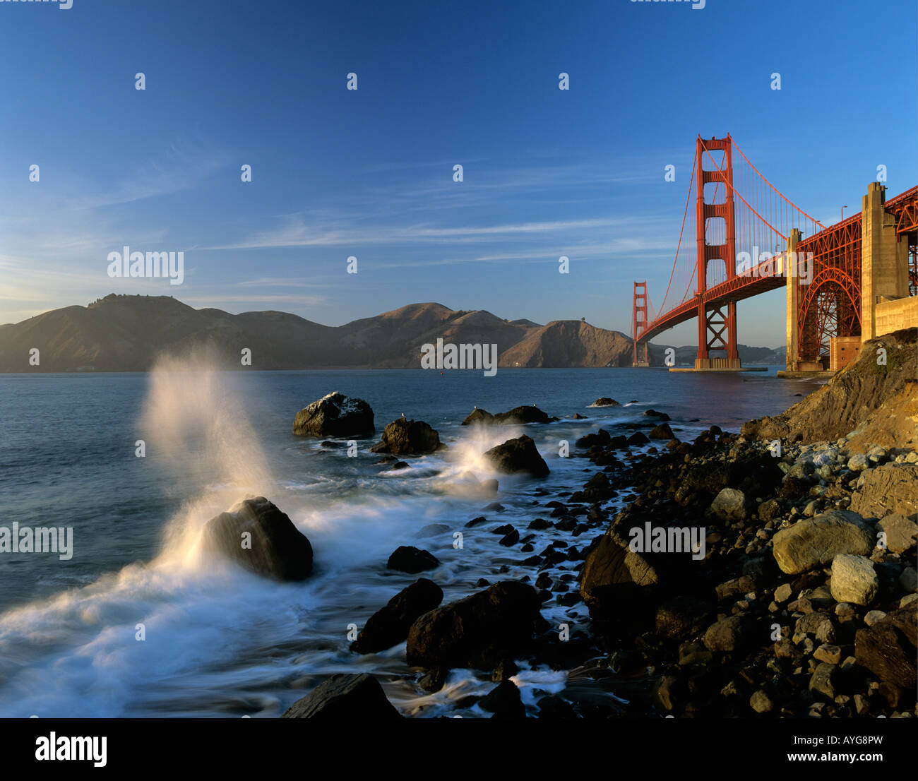 Retro image, Sunset light on Golden Gate Bridge from Baker Beach with ...