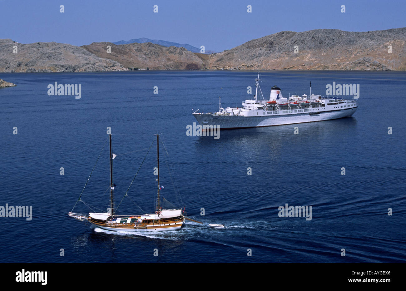 The outer harbour at Symi with the Greek Cypriot Louis Cruise lines ...