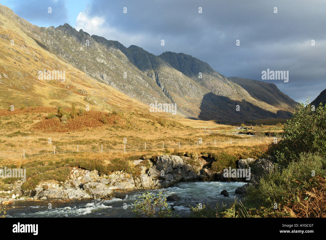 Spectacular view of River Coe rushing down Glen Coe in Highland ...