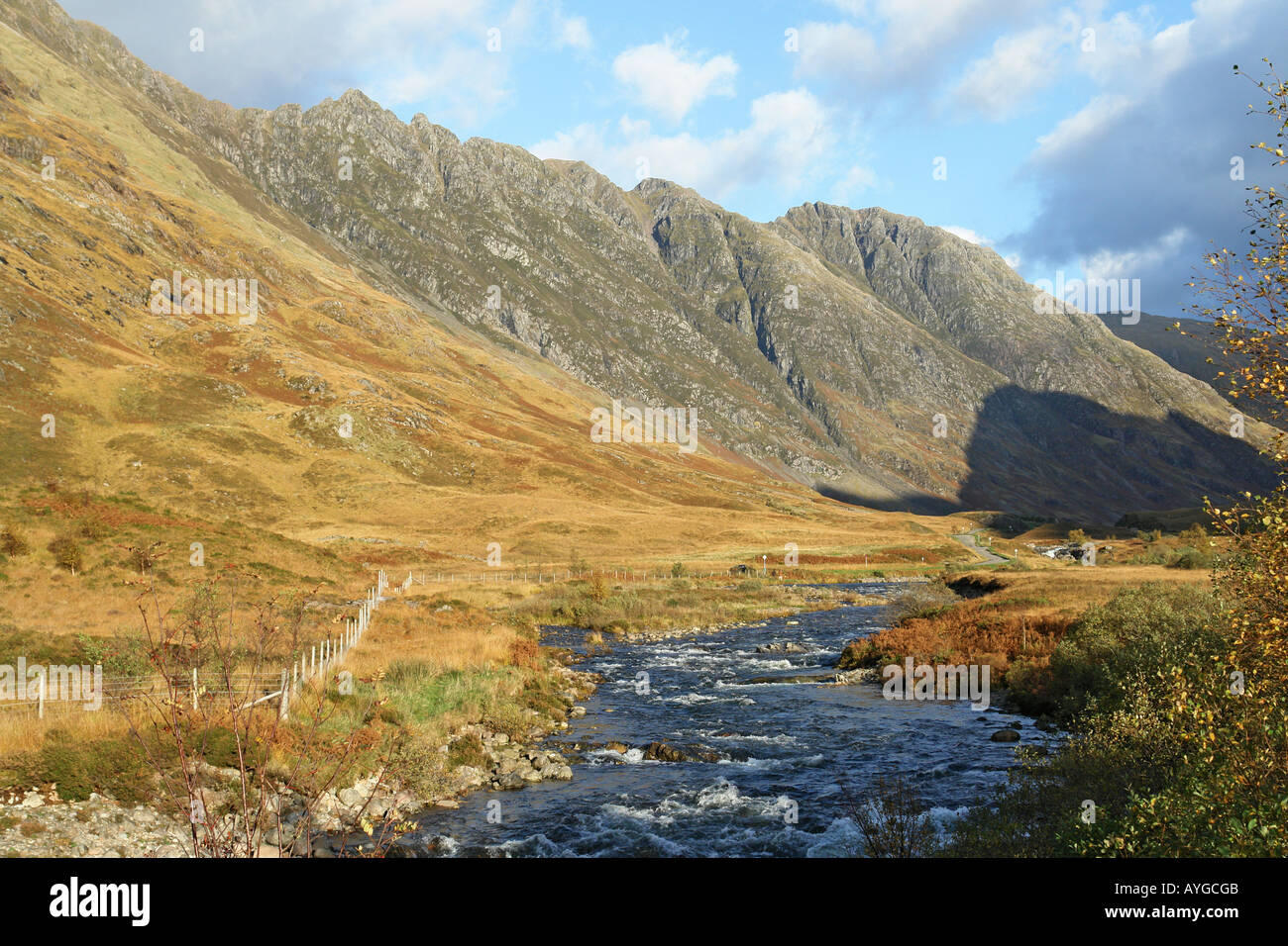Spectacular view of River Coe rushing down Glen Coe Highland Scotland ...
