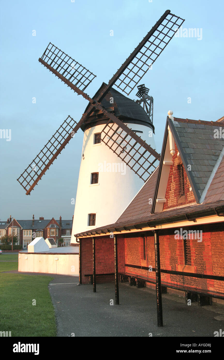 Lytham Mill and old Lifeboat house under clear blue evening sky Stock ...