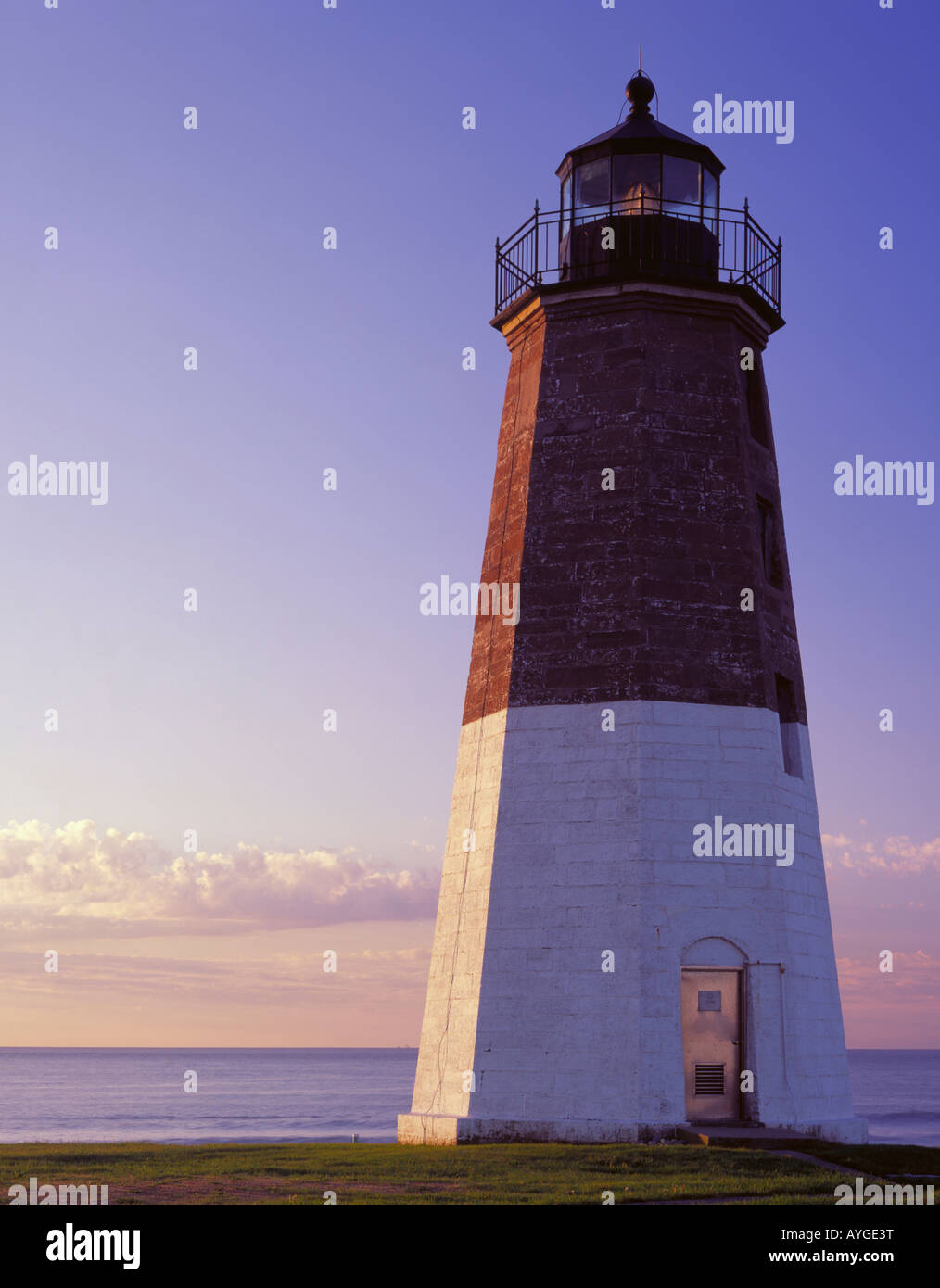 Rhode Island Sound RI Point Judith Lighthouse 1857 and surf at dawn ...