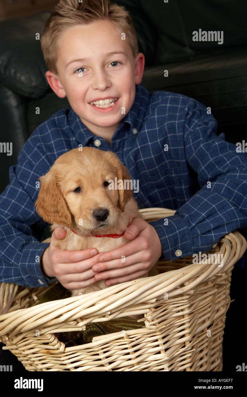 Boy holding Golden Retriever puppy dog Stock Photo - Alamy