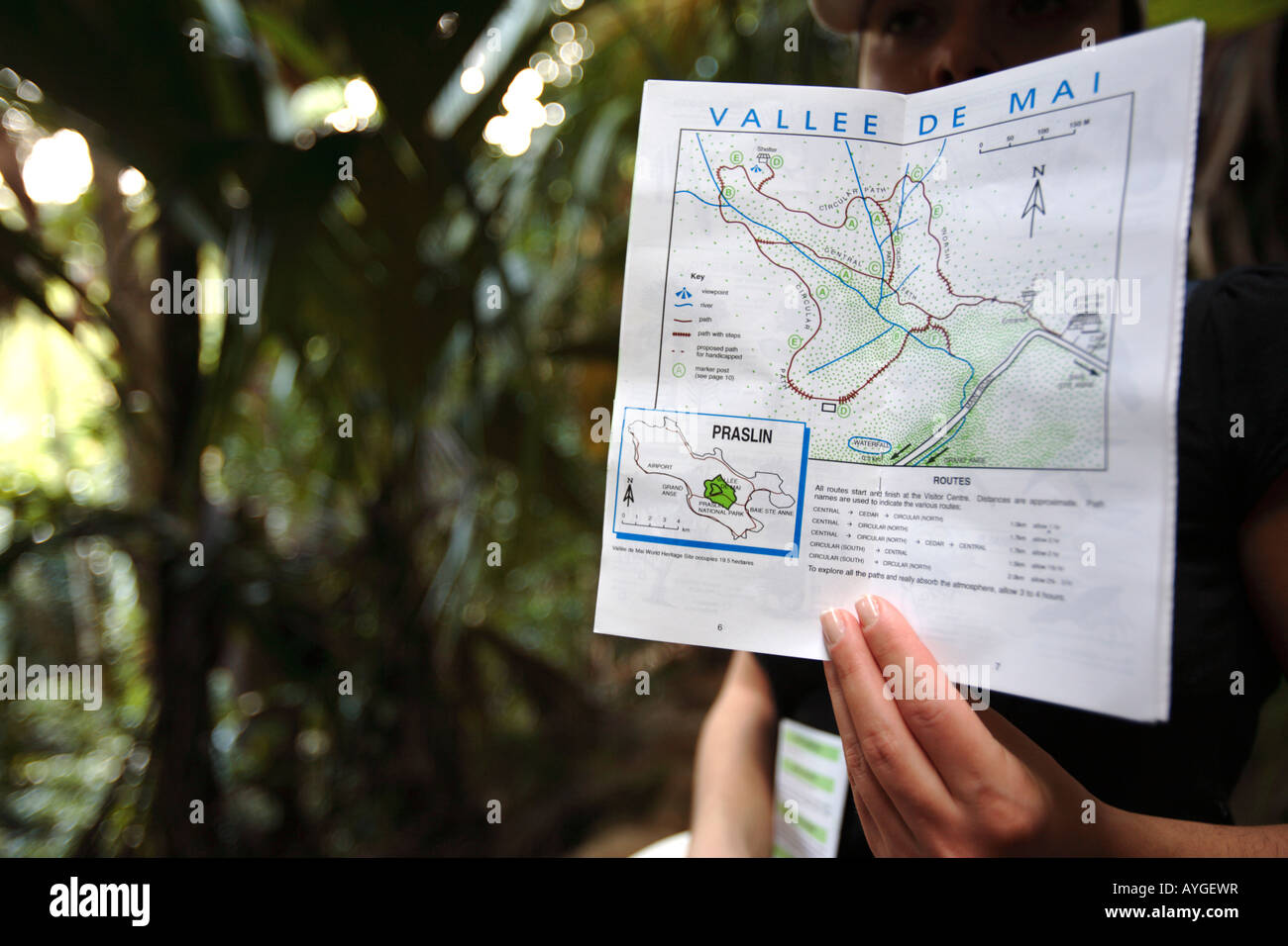 Woman showing a map of Vallee de Mai, Praslin island, Seychelles Stock ...