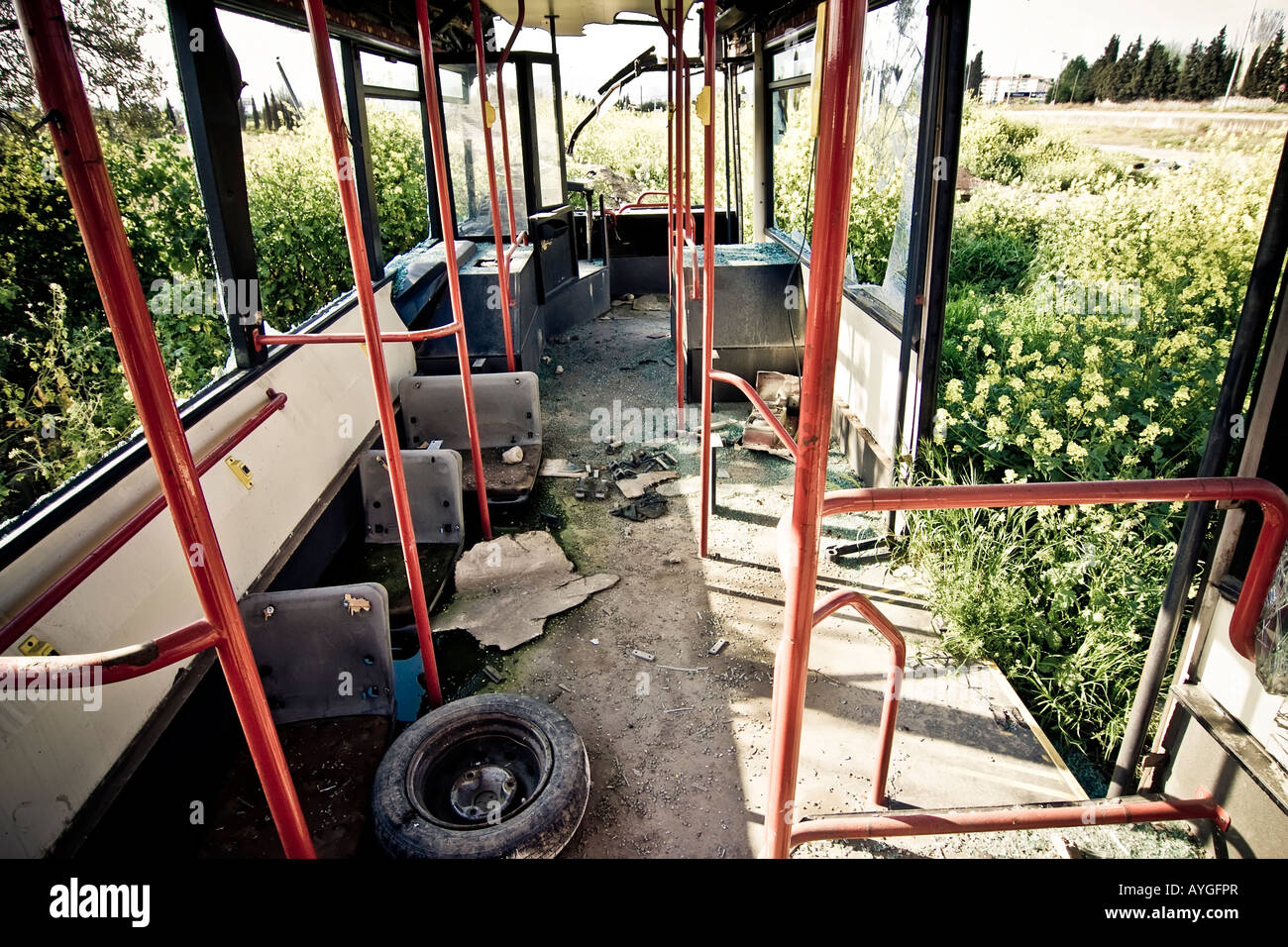 Wrecked bus from the inside Stock Photo - Alamy
