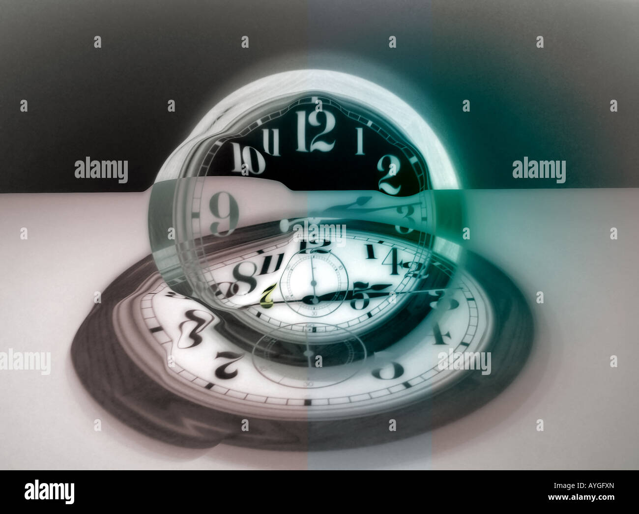 Clock faces melted together in a digital collage Stock Photo - Alamy