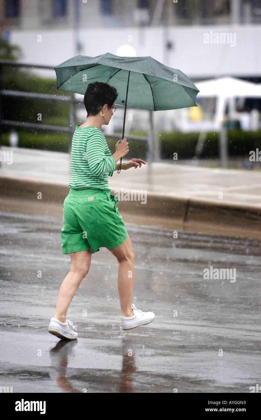 Pedestrian with umbrella protection is caught in rain storm on a public ...