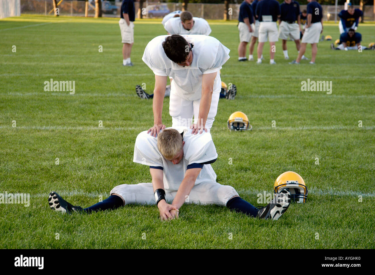 Football players warm up with exercises before playing in a game Stock ...