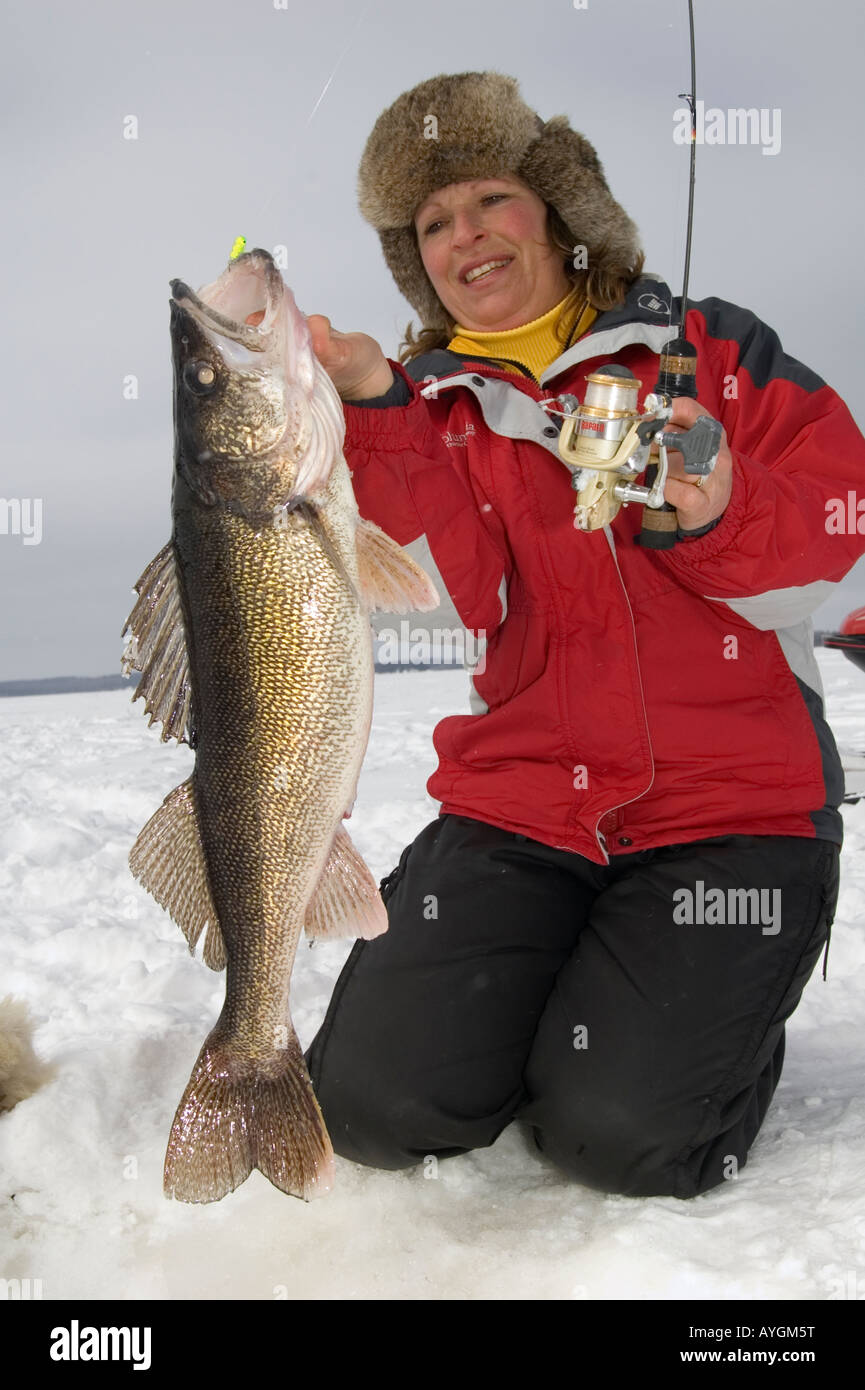 Attractive woman angler with large walleye Stock Photo - Alamy