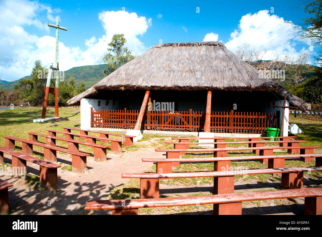Notre Dane de Fatima thatched open-air church, Mauritius Stock Photo ...