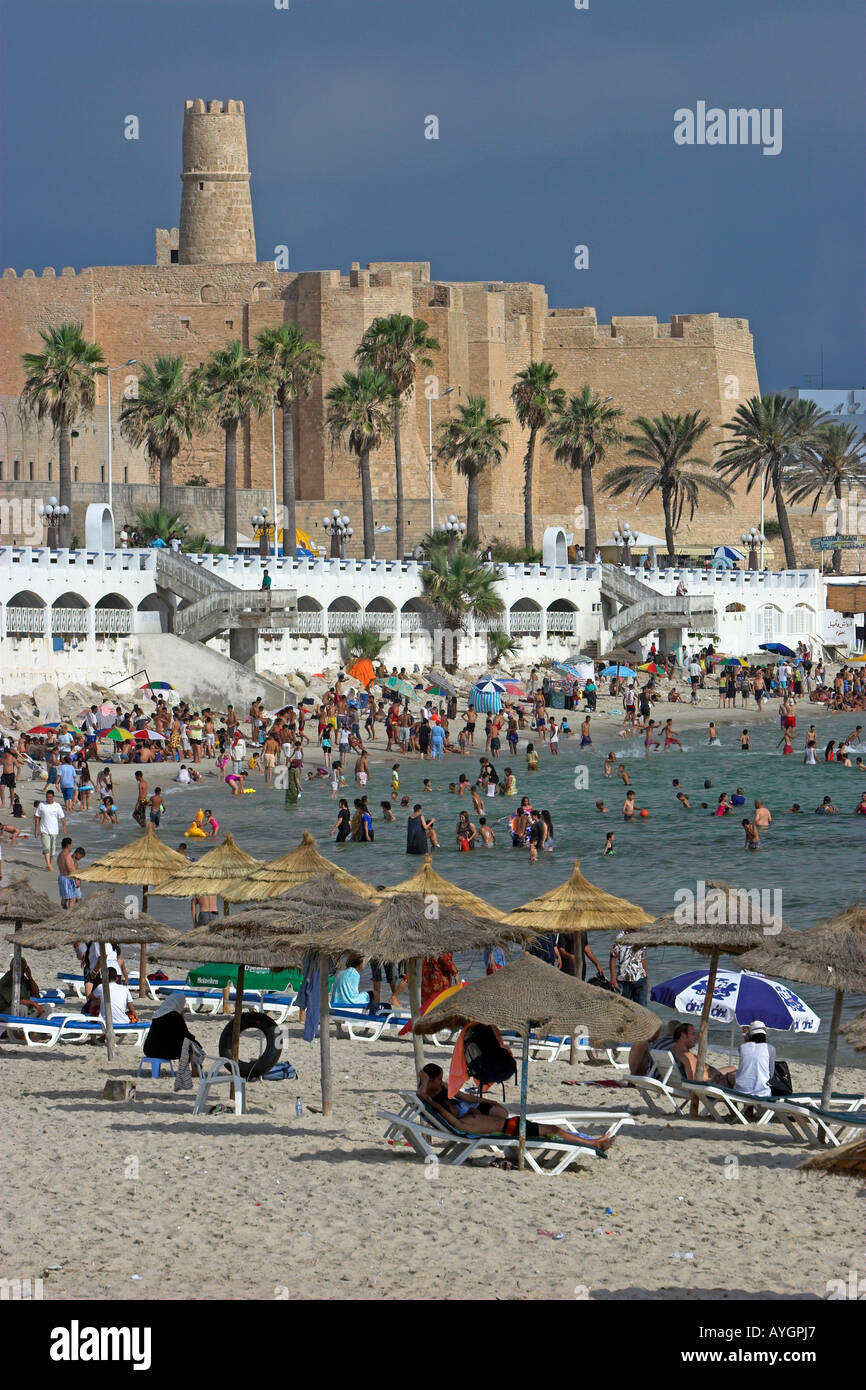 Fort overlooks main beach Monastir Tunisia Stock Photo - Alamy
