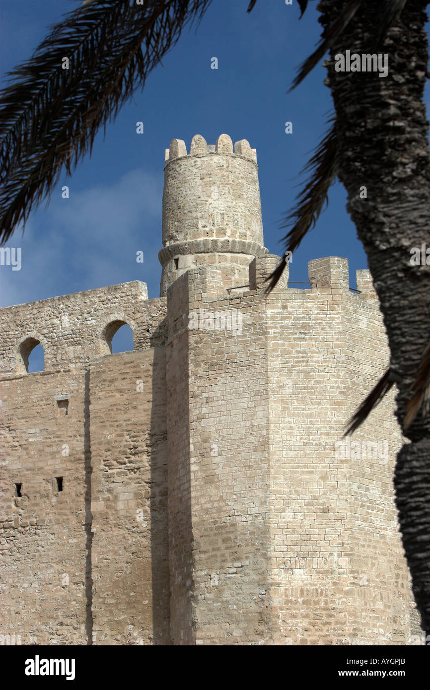 Palm frames fort turret Monastir Tunisia Stock Photo - Alamy