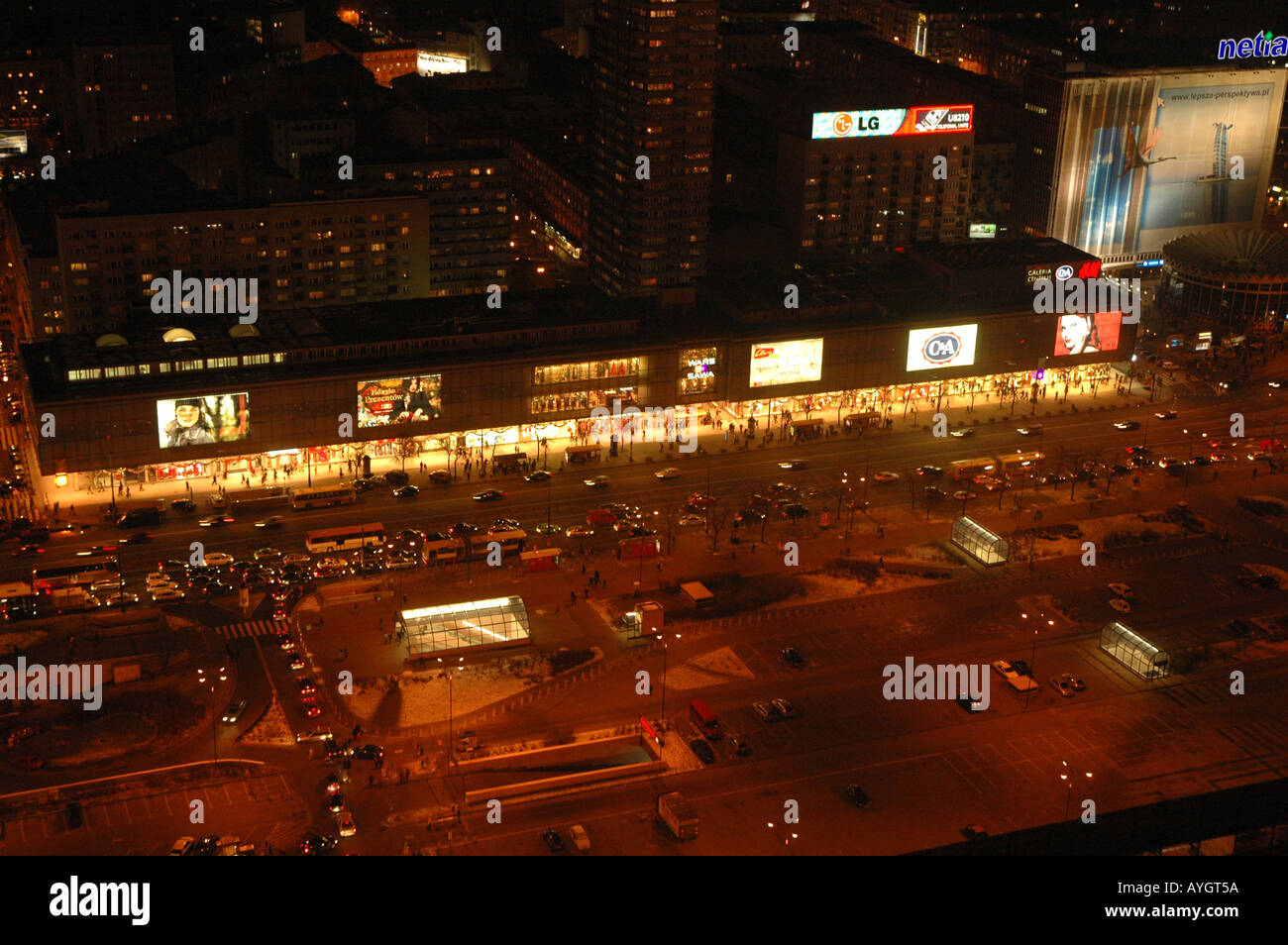 Panorama of Warsaw by night. Department stores Stock Photo - Alamy