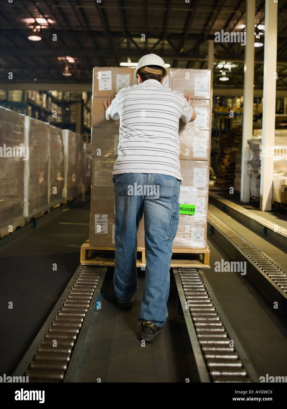 Warehouse worker pushing palette Stock Photo - Alamy