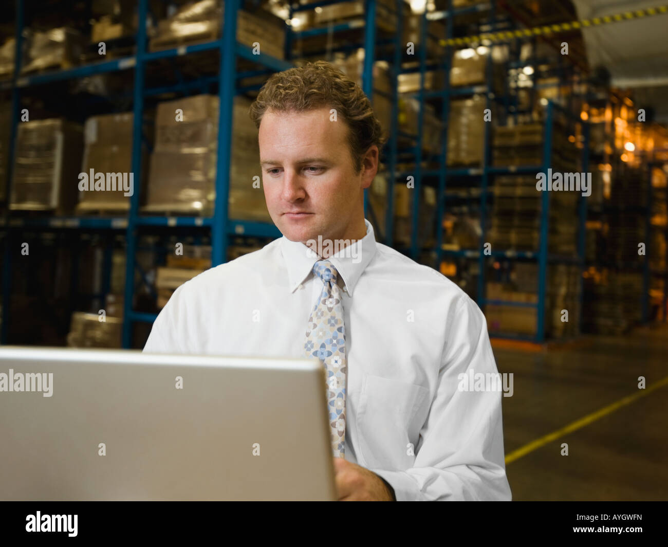 Businessman looking at laptop in warehouse Stock Photo - Alamy