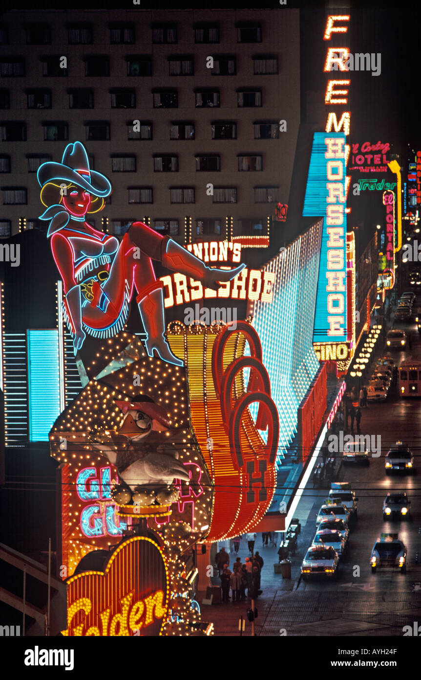 Casino neon lights line Fremont Street in downtown Las Vegas Nevada ...