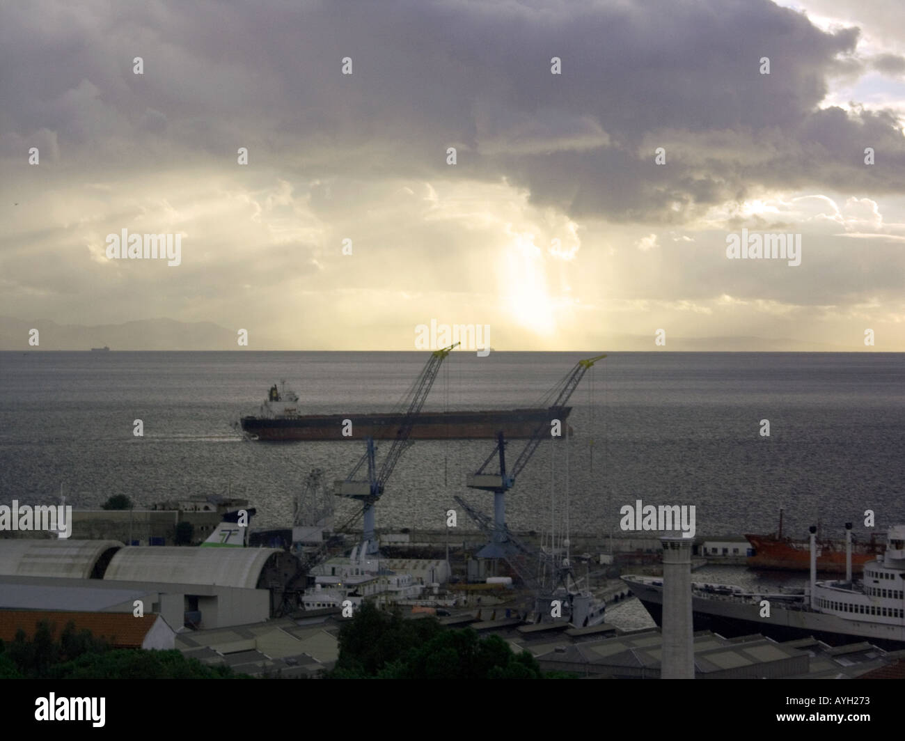 Sunset, dusk over the Bay of Gibraltar, shipyard shipyards sunset ...