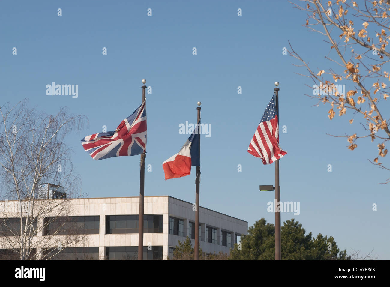 English French and American flags waving in the breeze Stock Photo - Alamy