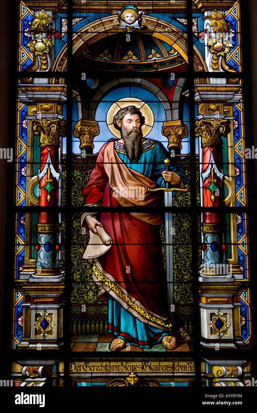 Detail from a stained glass window at the German church (Tyska kyrkan ...