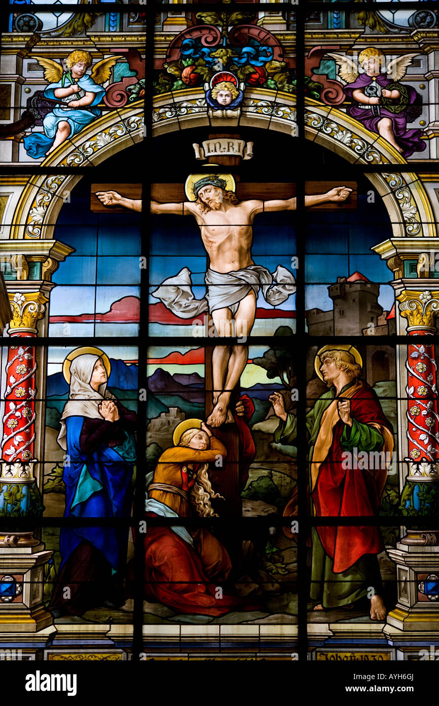 Detail from a stained glass window at the German church (Tyska kyrkan ...