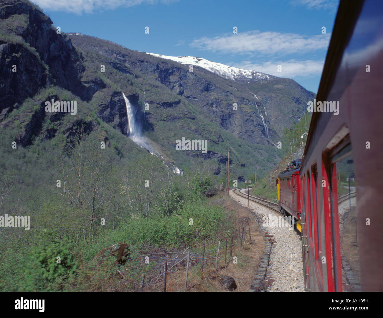 Flåm Railway train snaking up Flåmsdalen en route to Myrdal, Flåm ...